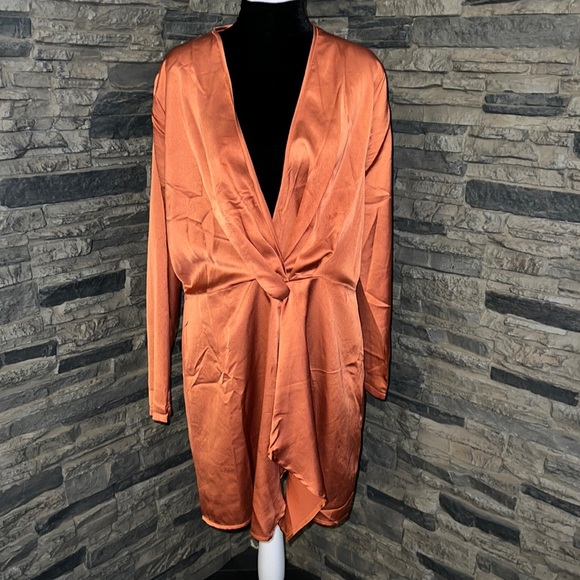 PrettyLittleThing | Dresses | Prettylittlething Plus Rust Satin Long Sleeve Wrap Dress | Poshmark